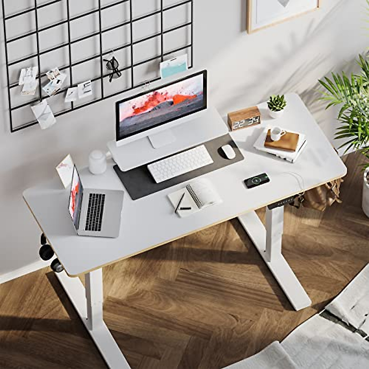 SANODESK Height Adjustable Desk 55 inch, Electric Standing Desk/w USB Charging Ports, White Sit Stand Desk for Home Office with Monitor Shelf (55 x 24 inches)