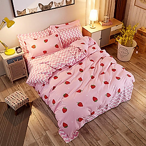 HALOZI Duvet Cover Set Queen Size Strawberry Pink Reversible Luxury Soft Bedding Set with Zipper Closure and Corner Ties (1 Duvet Cover+2 Pillowcases) (Pink Strawberry, Queen（90X90） inch)…