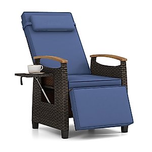 RELAX4LIFE Rattan Outdoor Recliner Chair - Wicker Chaise Lounge Chair w/Adjustable Back & Footrest, Acacia Wood Armrests, Flip Side Table, Cushion, Reclining Patio Chair for Pool Yard (1, Navy)