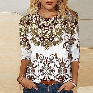 Womens Fashion Fall Tops 2023 Casual Dressy 3/4 Sleeve Loose Fit T Shirts Trendy Crew Neck Floral Printed Cute Blouse