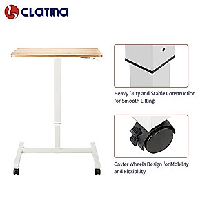 CLATINA Mobile Laptop Desk Pneumatic Sit to Stand Table Height Adjustable Rolling Cart with Lockable Wheels for Home Office Computer Workstation 28" x 19" Beige Round Edge Design Elegant