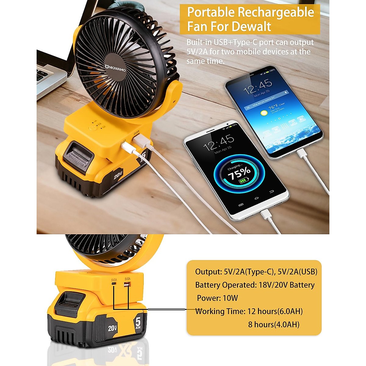 Uniqwamo Jobsite Battery Operated Fan For Dewalt 20V/60V Max DCB204 DCB205 DCB206 DCB203 DCB201 DCB207 DCB180 DCB181 Lithium-Ion Battery, Cordless Fan For Dewalt With 3 Speeds Control，USB +Type C