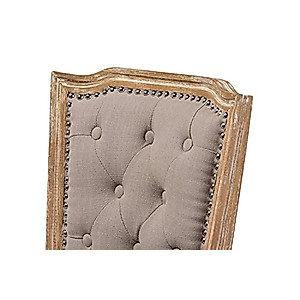 Baxton Studio Estelle Shabby Chic Rustic French Country Cottage Weathered Oak Linen Button Tufted Upholstered Dining Chair, Medium, Beige