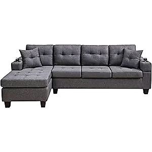 DNYN Modern Sectional Sofa Couch,Polyester Fabric 3-Seater L-Shape Corer Sofá with Chaise & Cup Holders & Removable Cushions & Throw Pillows, Furniture for Home or Office, Gray