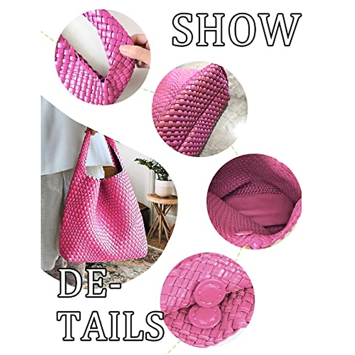 Woven Tote Handbags + Purse For Women Vegan Leather Shoulder Top-Handle Travel Shopper Bag Ladies Large Capacity Underarm Bag Rose Pink