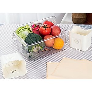 Fruit Containers for Fridge，Fresh Food Containers for Refrigerator，Fruit Containers for Fridge Keep Fresh，Food Box Container with 3 Removable Colanders for Berry，Vegetable, Refrigerator Organizer Bins