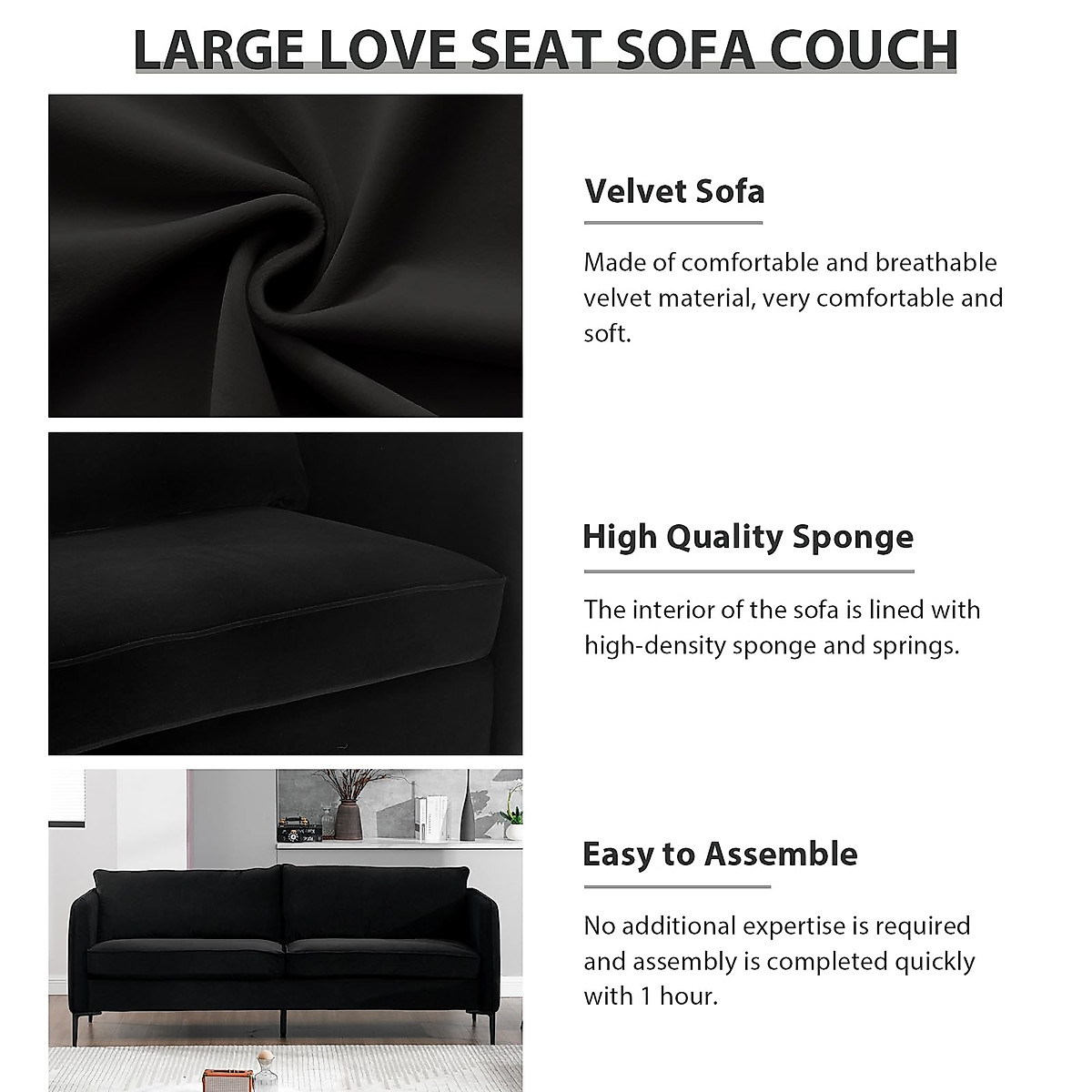 85 Inch Velvet Sofa, Mid Century Modern Comfy Upholstered Sofa Couch with Metal Legs 3 Seater Sofa High-Density Foam and 6.3 Inch Extra Thick Cushion Couch for Living Room Apartment（Black）