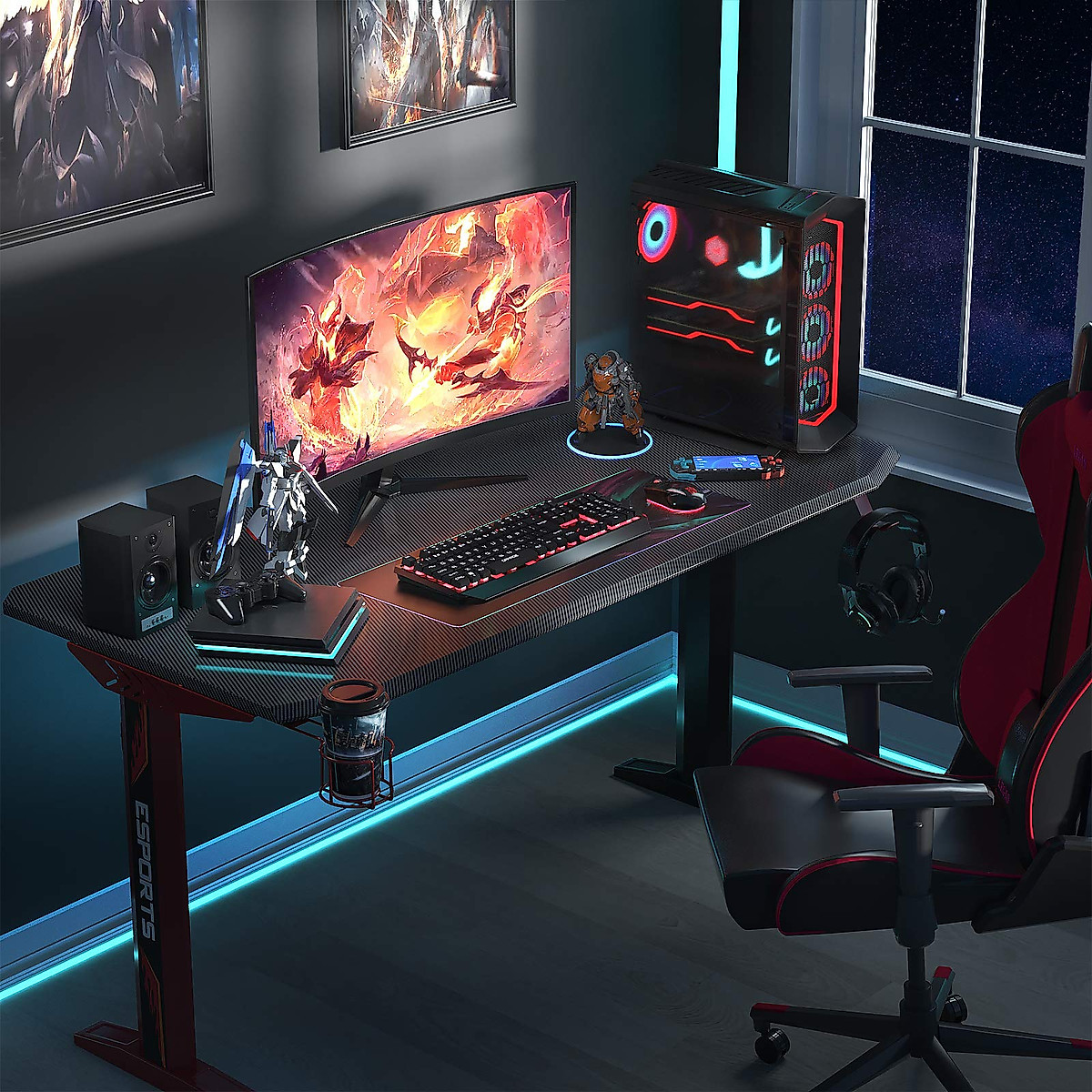 Foxemart Gaming Desk 47 inch PC Gaming Desk, Game Computer Desk Workstation, T-Shaped Professional Gaming Desk, Home Office Computer Table with Cup Holder & Headphone Hook