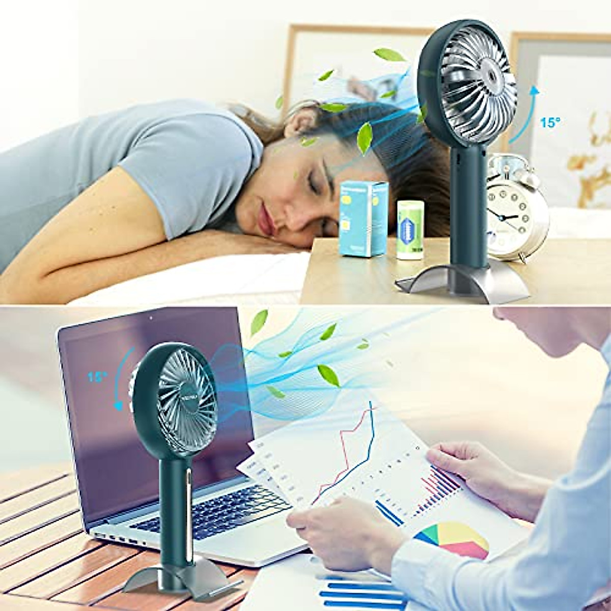 VKUSRA Handheld Fan, Mini Portable Fan, Small Personal Battery Operated Hand Held Fan with 4 Speeds, USB Rechargeable Eyelash Desk Fan with Base & Adjustable Angle for Office Outdoor Traveling-Green