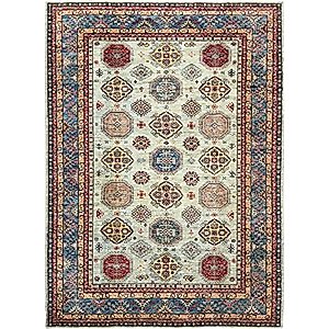 Shahbanu Rugs Light Gray Vegetable Dyes Dense Weave Soft Wool Hand Knotted Afghan Super Kazak with Geometric Medallions Oriental Rug (8'10"x12'1")