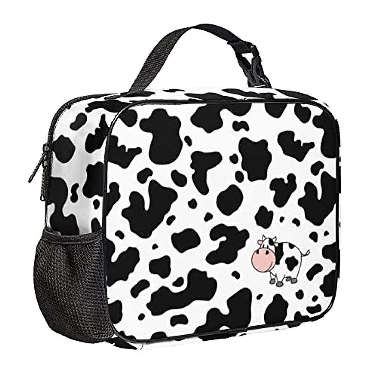 Lunch Bag for Teen Boys Girls, Stylish Reusable Insulated Lunch Box with Side Pocket for Adult and Kids, Durable Cooler Lunch Tote Bag with Detachable Handle for School Work (Cute Cow)