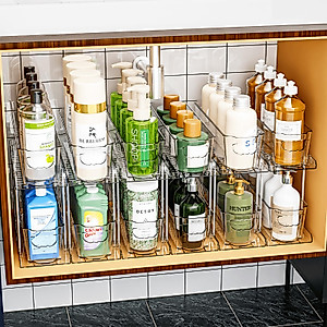 14.8" Deep 2 Tier Bathroom Storage Organizer, 4 Pack Clear Under Sink Organizers Vanity Countertop Storage Container, Medicine Cabinet Drawers Bins, Pull-Out Organization with Track for Pantry,Kitchen