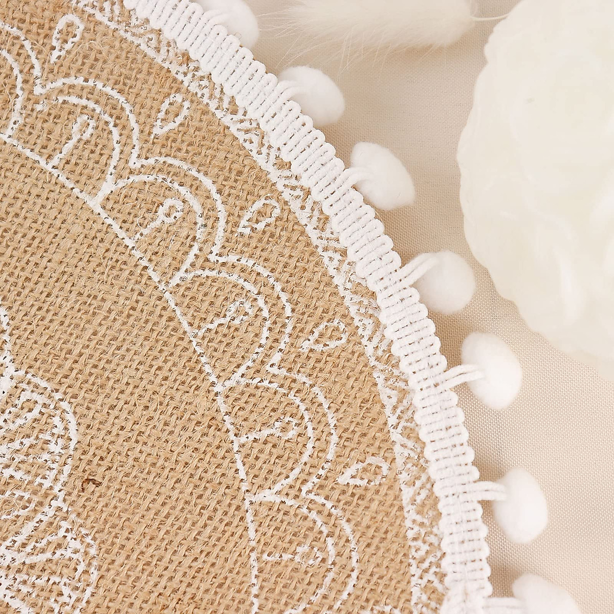 TABLECLOTHSFACTORY 4 Pack | Natural 15" Jute & White Embroidery Mandala Print Placemats, Rustic Round Woven Burlap Tassel Table Mats with Beaded Edges