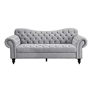 Pemberly Row 18.5" Traditional Velvet Fabric Sofa with Nail Head in Light Gray