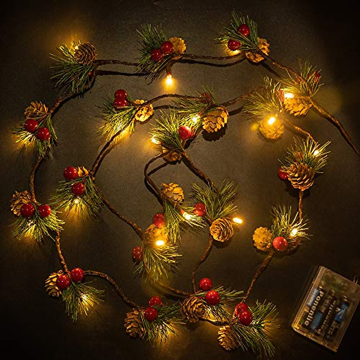 FUNPENY Christmas PineCones String Lights, 6.56Ft 20 LED Pine Needles Red Berries Fall Light Garland, Indoor Outdoor Decor for Thanksgiving Christmas Autumn Themed Party Decorations