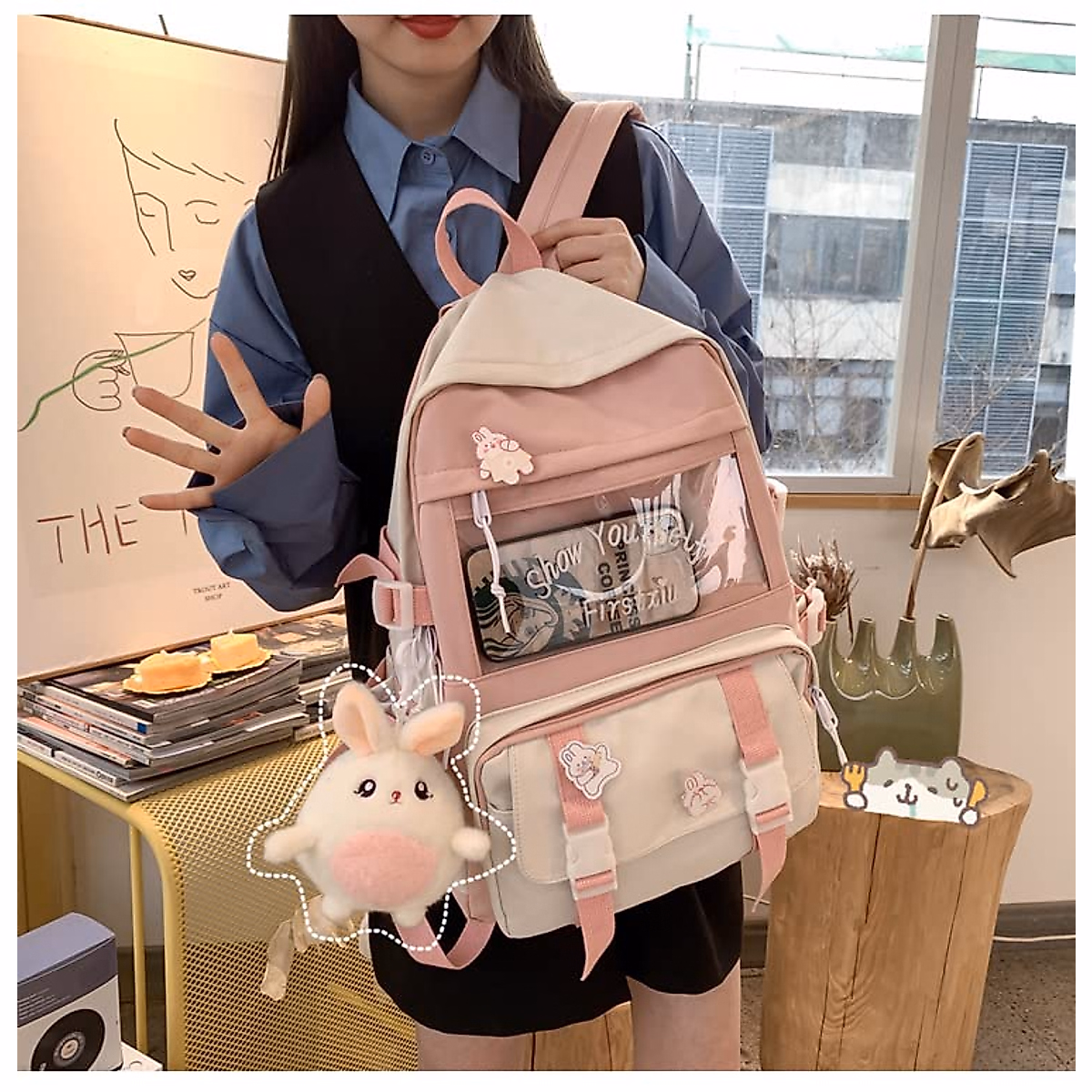 MEOKIM Kawaii backpack student schoolbag large-capacity tooling style backpack stitching cute girl campus backpack(Blue)