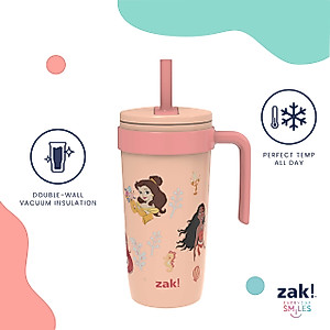 Zak Designs Disney Princess Fairway Travel Tumbler for Home or On the Go, 18oz Stainless Steel with Vacuum Insulation, Spillproof Straw, and Handle (Ariel, Belle, Cinderella, Jasmine, Moana, Tiana)