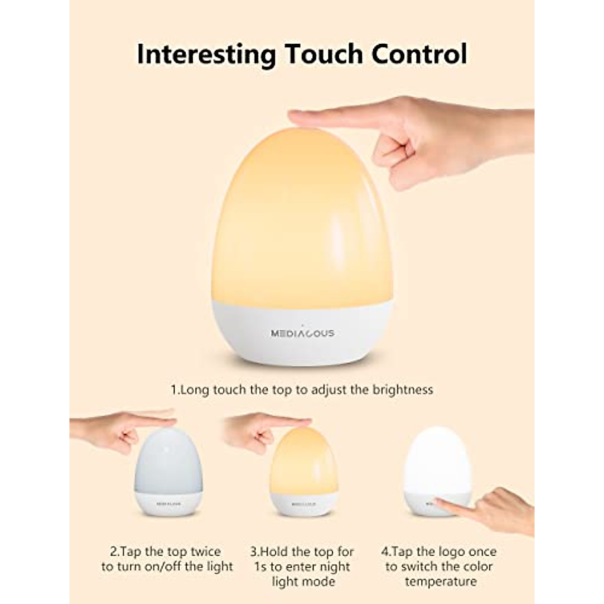 MediAcous Night Lights for Kids Room, Baby Night Light with Stable Charging Pad, Dimmable Kids Night Light with 1H Timer & Touch Control, ABS+PC LED Egg Lamps for Breastfeeding, Up to 200H