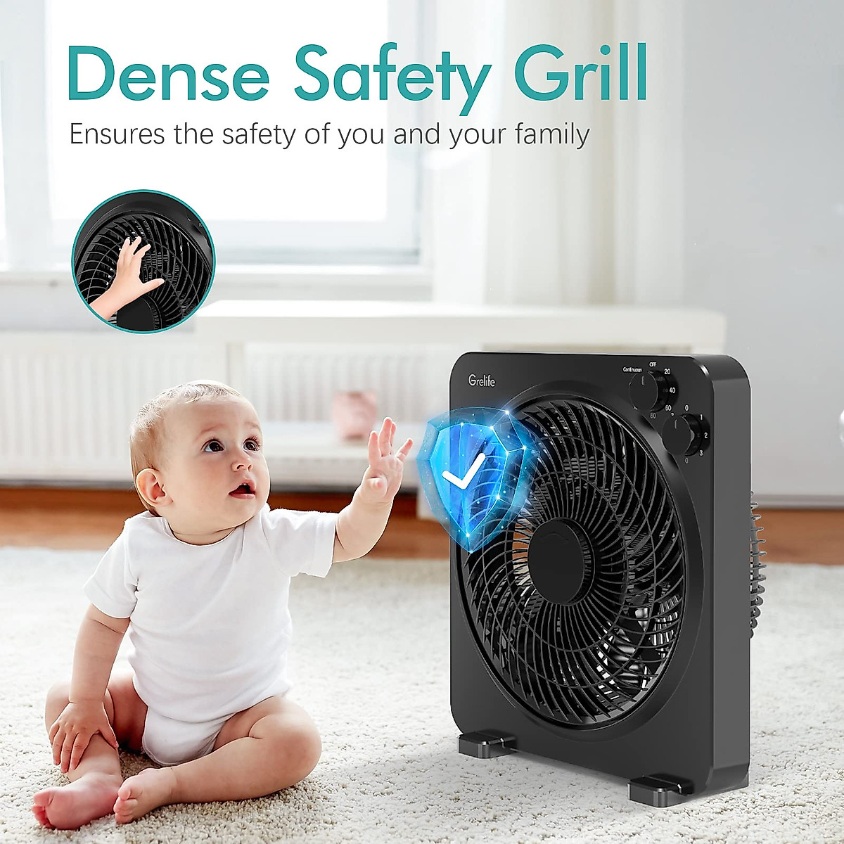 Grelife Box Fan, 14" Table Fan with 3 Speeds, Rotatable Grill Desk Fan, Quiet Operation Fast Cooling Fan with 120 Min Timer, Portable Compact Design for Bedroom Home Office Desktop Household