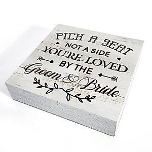 Wedding Ceremony Wooden Box Sign Desk Decor Rustic Pick a Seat Not a Side Wood Block Plaque Box Sign for Home Wedding Reception Table Decoration (5 X 5 Inch)