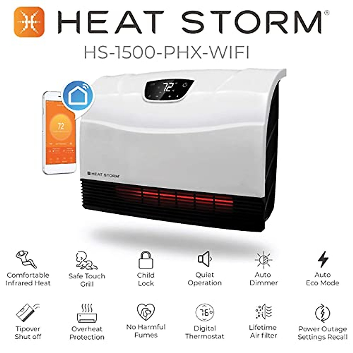 Heat Storm HS-1500-PHX-WIFI Infrared Heater, Wifi Wall Mounted