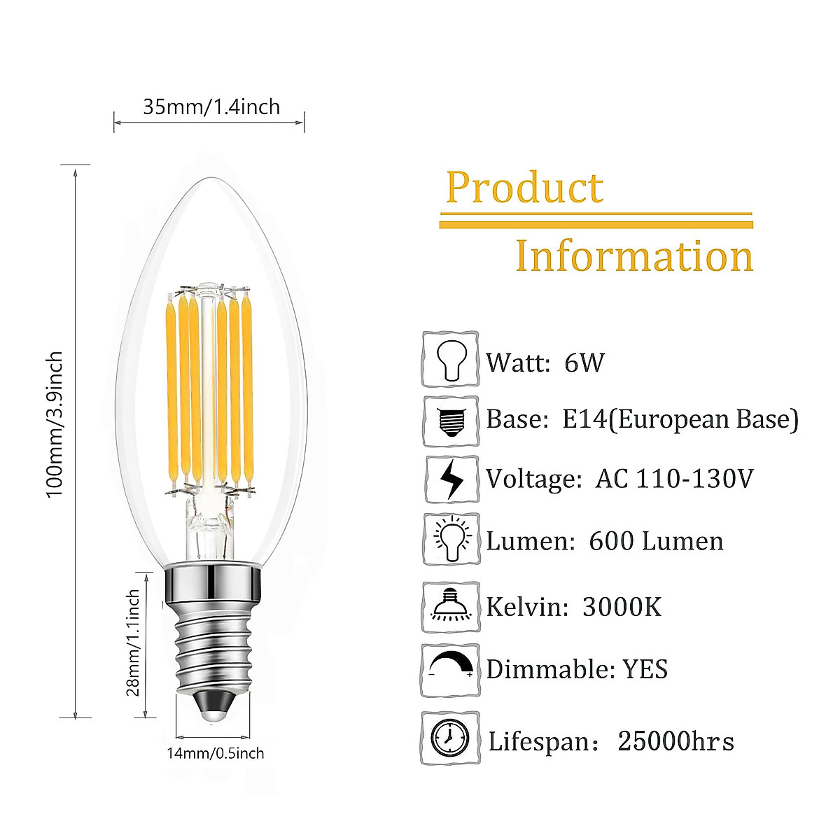 Lamsky E14 Dimmable LED Bulb,110V 600Lumens 60W Equivalent Warm White 3000K,E14 European Base Candelabra LED Bulbs,Clear Glass Torpedo Shape(10-Pack)