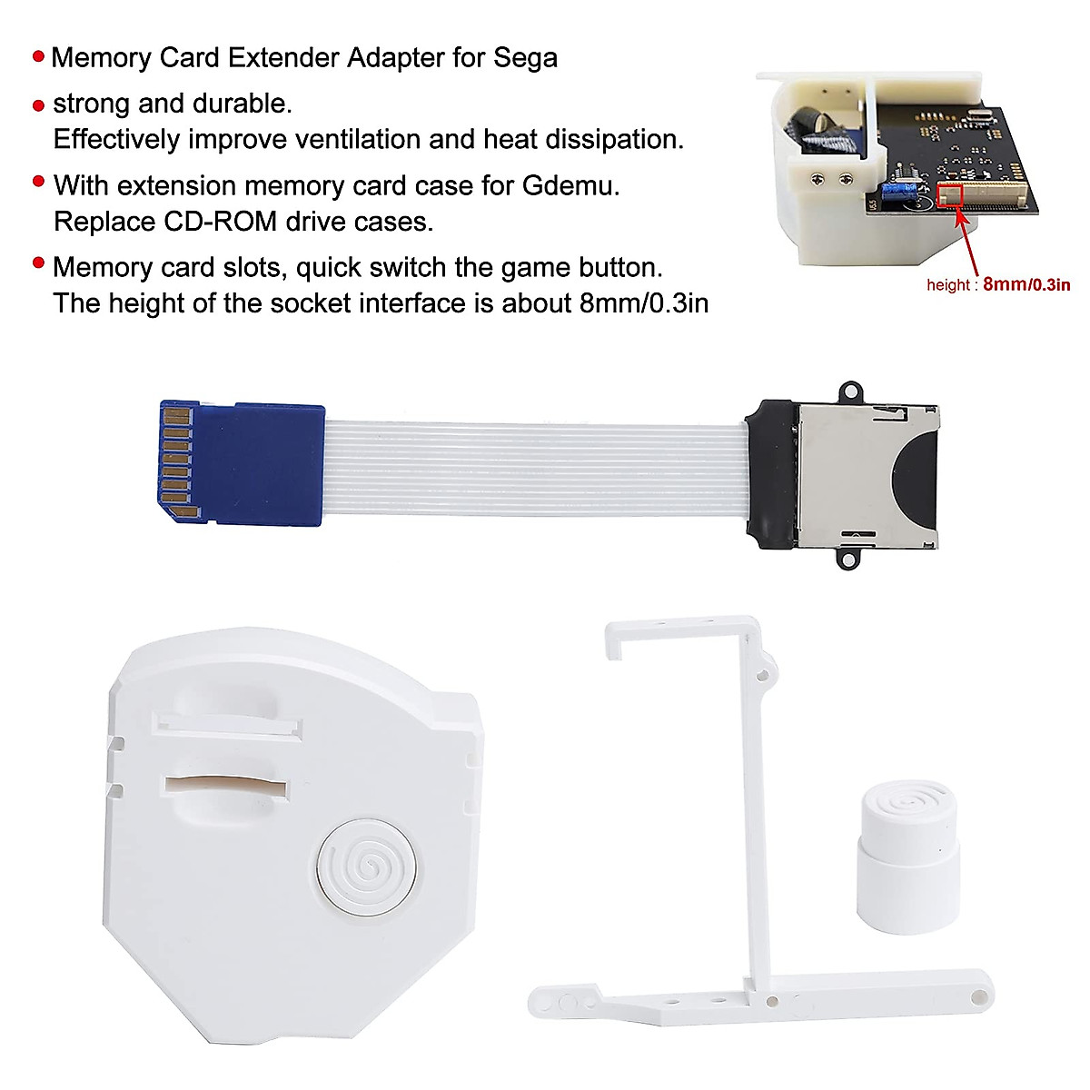 Memory Card Mount Kit, 3D Print Extension Memory Card Extender Adapter Mount Kit for Dreamcast Holder Gdemu, Effective Ventilation and Heat Dissipation(White)