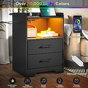 DICTAC Nightstands Set 2, LED Nightstand with Charging Station, End Side Table with USB Port, Bedside Table with 2 Fabric Drawers and Open Compartment for Bedroom, Black