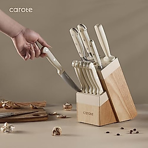 CAROTE 14 Pieces Knife Set with Block, Forged, High Carbon Stainless Steel Sharp Blade Block Knife Set, Dishwasher Safe Cutlery,Linen White