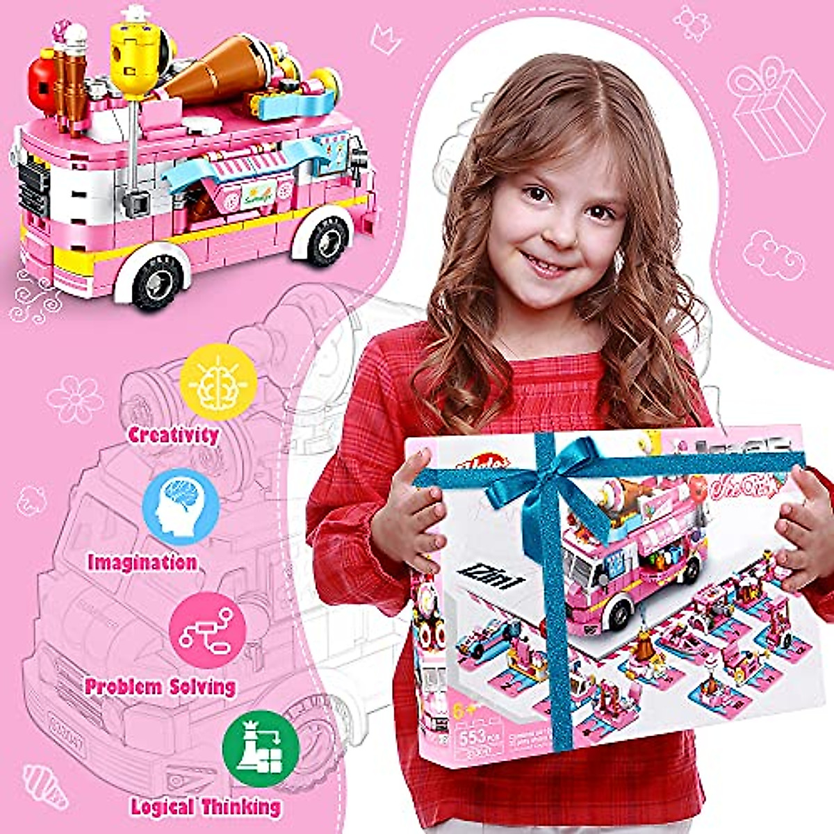 Vatos Girls Building Blocks Toys - 553 Pieces Ice Cream Truck Set Toys for Girls 25 Models Pink Building Bricks Toys STEM Toys Valentines Day Gifts for Kids Girls Age 6-12 and Up