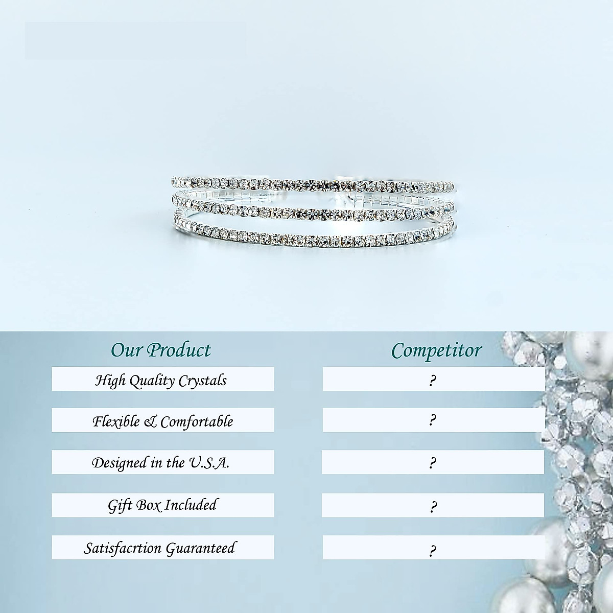 NTLX Crystal Bracelet for Women – Rhinestone Cuff Bracelet – Silver Plated - Flexible & Adjustable – Three Row - Bridal, Wedding, Prom, Party, Pageant, Evening, Casual, Bracelet - with Gift Box