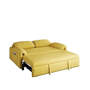 Convertible Pull Out Sofa Couch Bed with Mattress, 54'' Velvet 2-Seater Loveseat Sleeper, Futon Couches Pull Out Bed, Pop Up Daybed Sofa Bed with Storage Pockets for Living Room Small Space (Yellow)