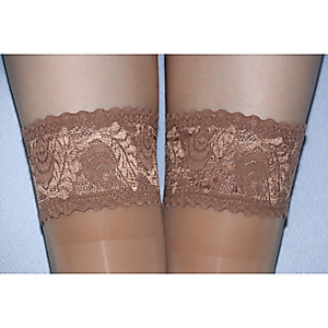 GOCBOBO Women's Oil Shiny Thigh High Stockings Antiskid Silicone Lace Top Stay Up Silky Semi Sheer Hold Ups Stockings 8D Brown