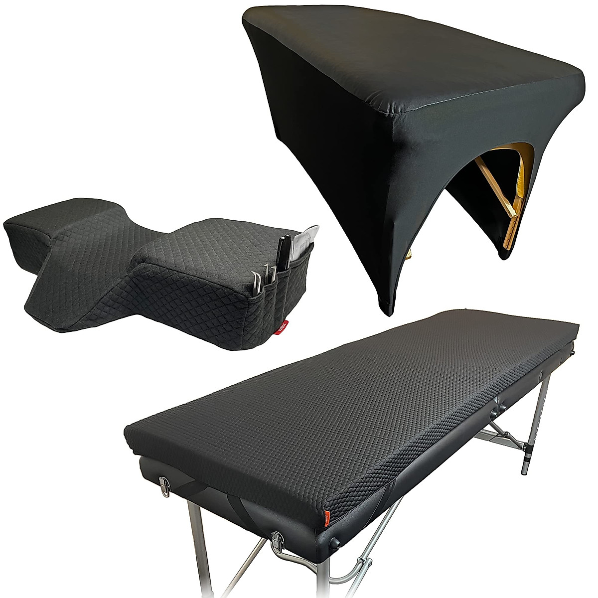 XOLLOZ | Lash Bed Mattress + Wipeable Cover + Pillow | Mattress with Four Corner Straps & Anti-Slip Bottom | Curved Pillow with Neck & Back Support | Wipeable Artificial Leather Bed Cover