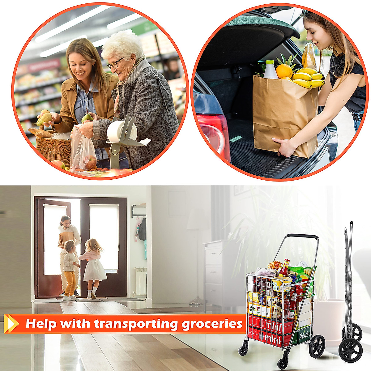 Wellmax WM99024S Grocery Utility Shopping Cart, Easily Collapsible and Portable to Save Space and Heavy Duty, Light Weight Trolley with Rolling Swivel Wheels