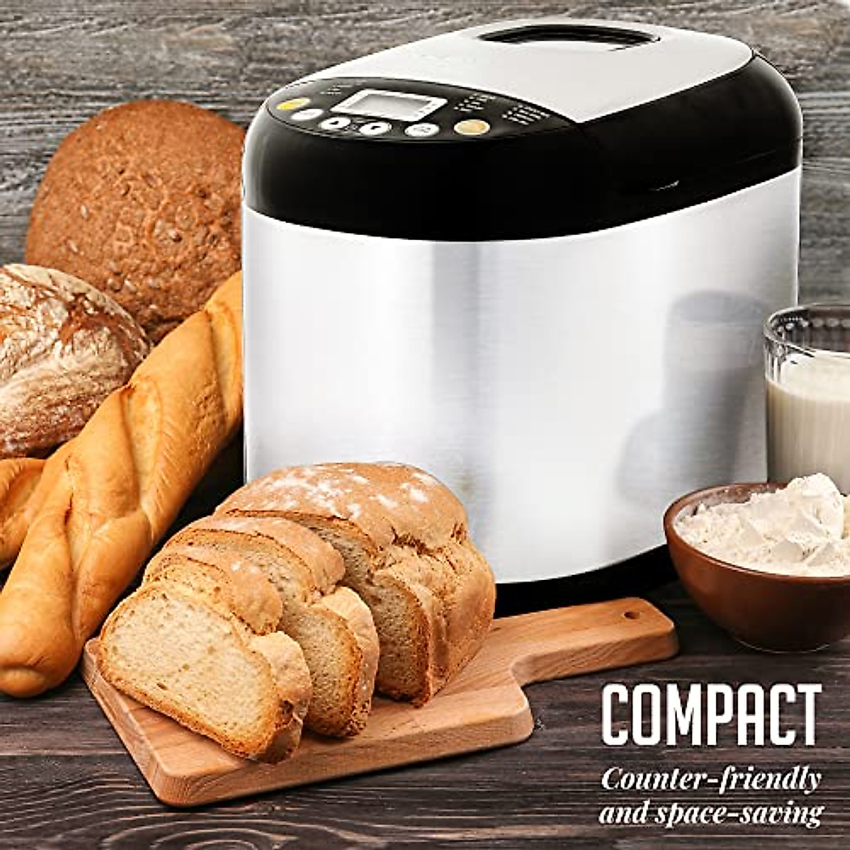 OVENTE Bread Maker Machine with Gluten Free Setting, 19 Preset Menu, Digital Display and Nonstick Baking Pan, Perfect for Homemade Loaf, Sourdough, Wheat, Dough, Black BRM5020B