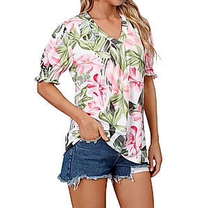 ZXZY Women Ruffle Short Sleeve Pleated V Neck Floral Print Hawaiian Shirts Blouse Tops