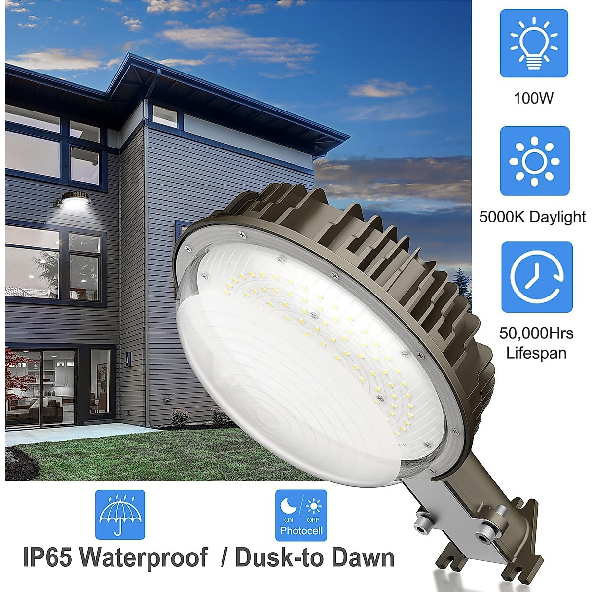 100W LED Barn Light with Photocell, ETL Listed 14,000LM LED Yard Light Outdoor, IP65 Waterproof, 5000K Daylight LED Pole Light Area Security Flood Light Fixture for Yard, Barn, Farm, Street
