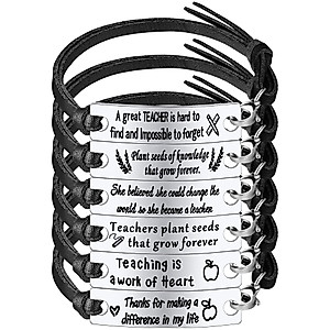 MTLEE 6 Pcs Teacher Bracelet Appreciation Gifts for Her, Teacher Birthday Gifts Bangle Inspirational Gifts for Women Men Teacher (Black and Silver)
