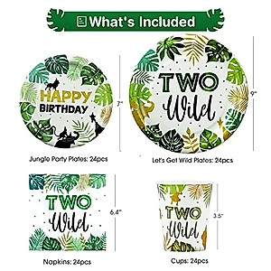 NAIWOXI Two Wild Birthday Decorations Tableware - Safari Birthday Decorations Include Plates, Cups, Napkins, Cutlery, Tablecloth, Straws, Animal Jungle Theme Party Supplies for Boy Girl 2nd Birthday