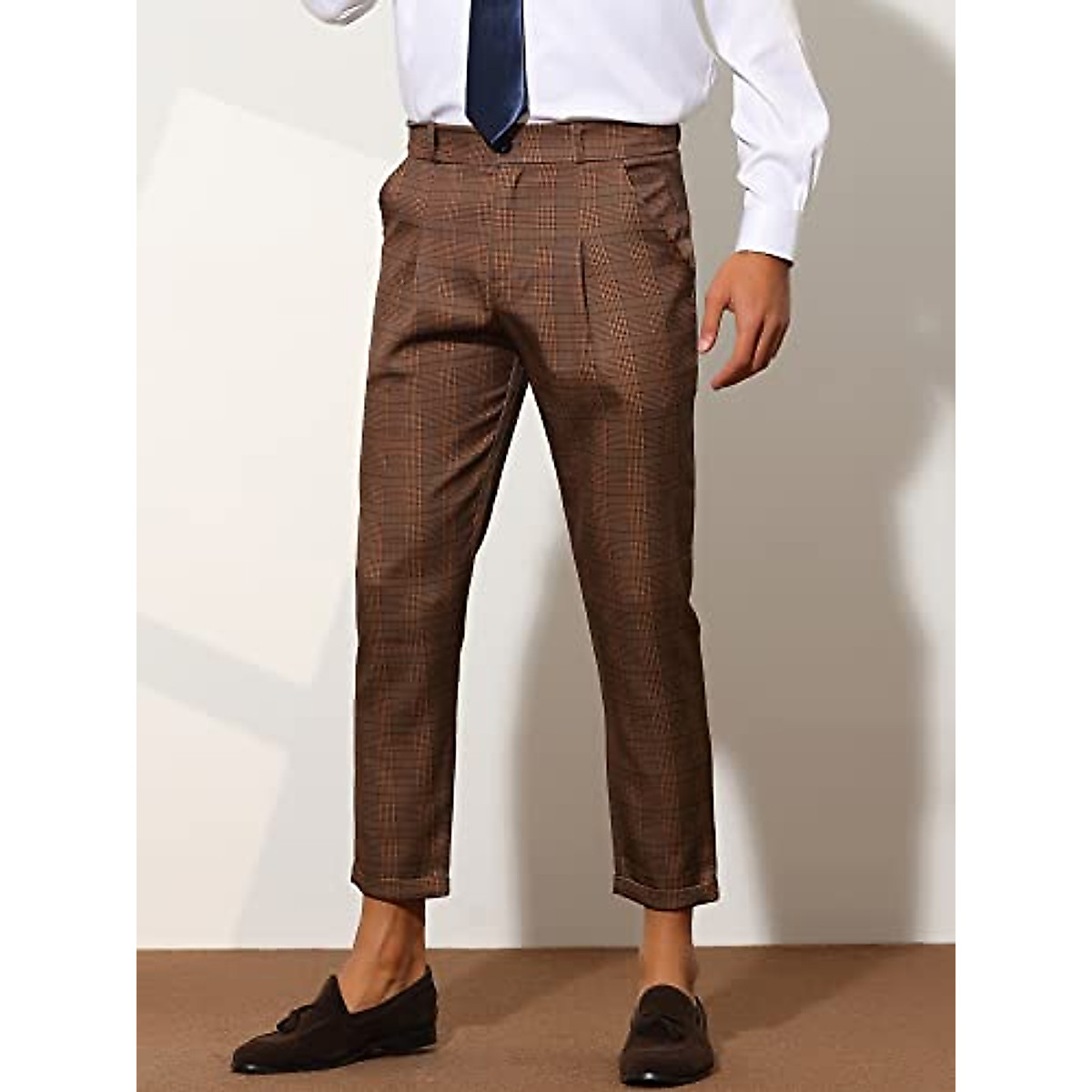 Lars Amadeus Brown Plaid Dress Pants for Men's Cropped Ankle Length Business Trousers 30