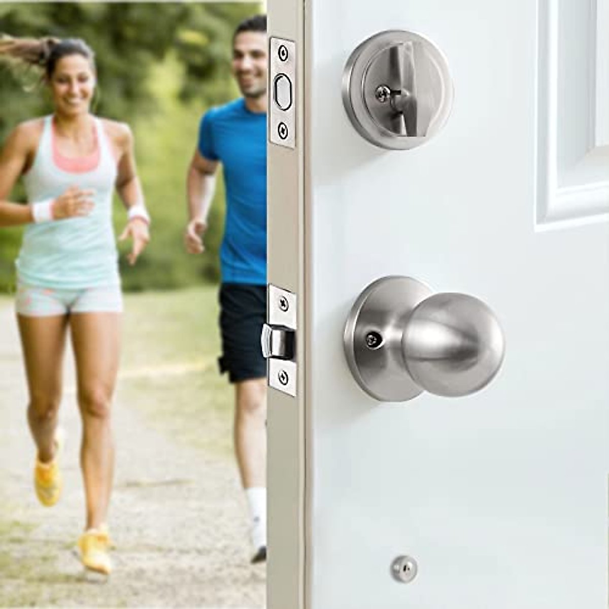 Natsukage Front Door Handle Front Door Lock Set Satin Nickel Entrance Handle Set with Lock Heavy-Duty Adjustable Entry Door Lock Set with Deadbolt and Knob Handle Reversible for Right & Left Handed