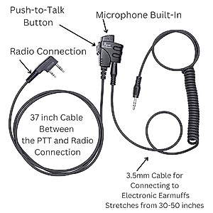 Push-to-Talk 2-Pin K1 Cable with Aux Audio Adapter - PTT Button for BaoFeng and Kenwood Radios - Compatible with 3.5mm Headsets and Auxiliary Inputs, Great with Electronic Earmuffs