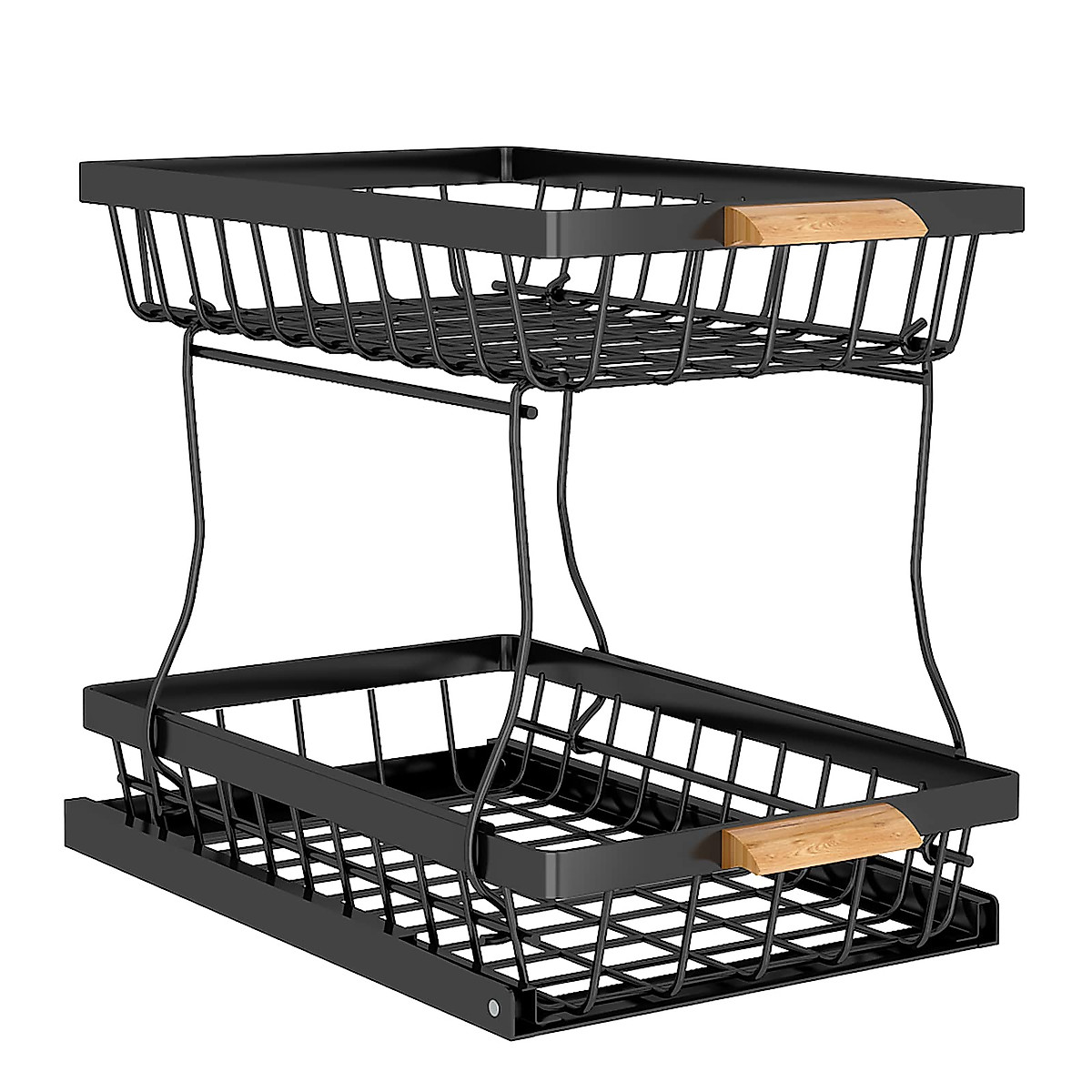 RAOHEVU Under Sink Organizers and Storage, Sliding Under Cabinet Organizer, 2 Tier Bathroom Under Sink Organizer for Kitchen with Wooden Handle