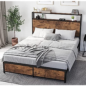 Queen Bed Frame with 2-Tier Storage Headboard, Platform Bed Frame Queen Size No Box Spring Needed, Metal Bed Frame Queen with Heavy Duty Steel Slats, Underbed Storage Space, Noise Free, Dark Brown