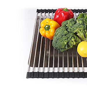CANWELL 17"x15" Roll Up Dish Drying Rack, Premium 304 Stainless Steel Over Sink Kitchen Drainer Rack with Silicone Rims, Black