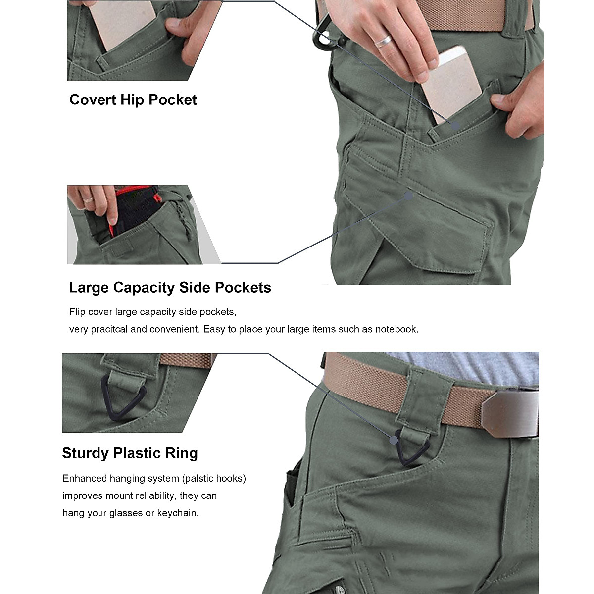 Susclude Men's Tactical Pants Stretch, 9 Pockets Rip Stop Lightweight Cargo Work Military Trousers Outdoor Hiking Plus Size Pants Gray Green 38Wx32L