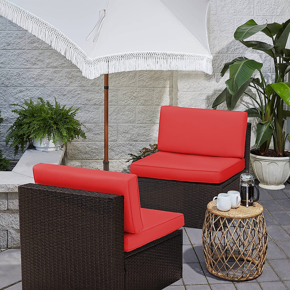 Devoko 2 Pieces Patio Furniture Sets All-Weather Outdoor Sectional Armless Sofa (Red)