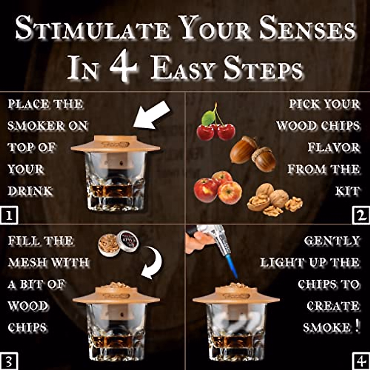 COOPER STAMP Cocktail Smoker Kit - Old-Fashioned Drink Smoker with Torch - 4 Kinds of Wood Chips - Gift for Whiskey/Bourbon Lover, Men, Father, Husband - Butane not Included