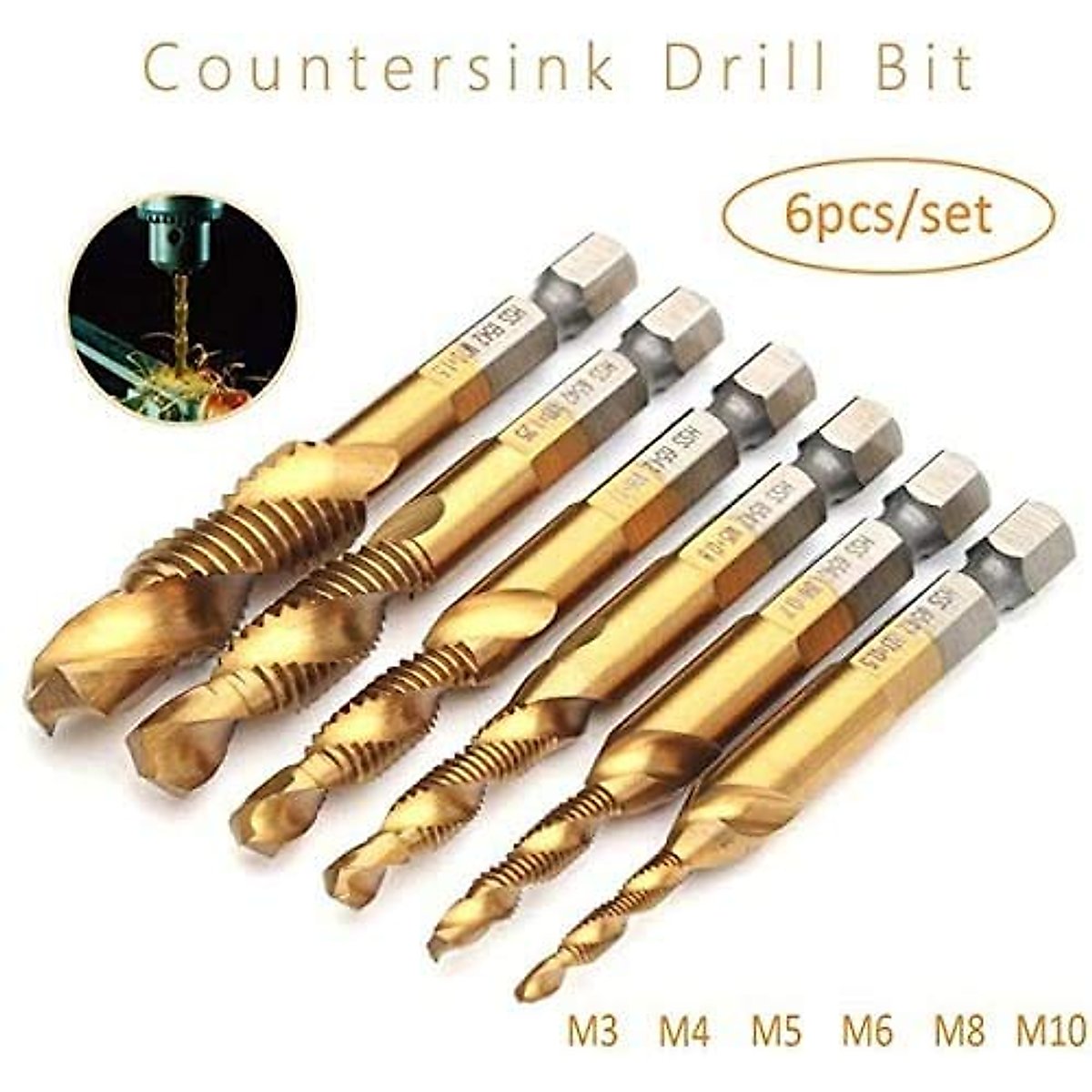 6Pcs M3 M4 M5 M6 M8 M10 Coated HSS Spiral Flute Metric Taps Set Metric Thread Tap Drill and Tap Bits 1/4" Hex Shank Screw Taps Tool Set